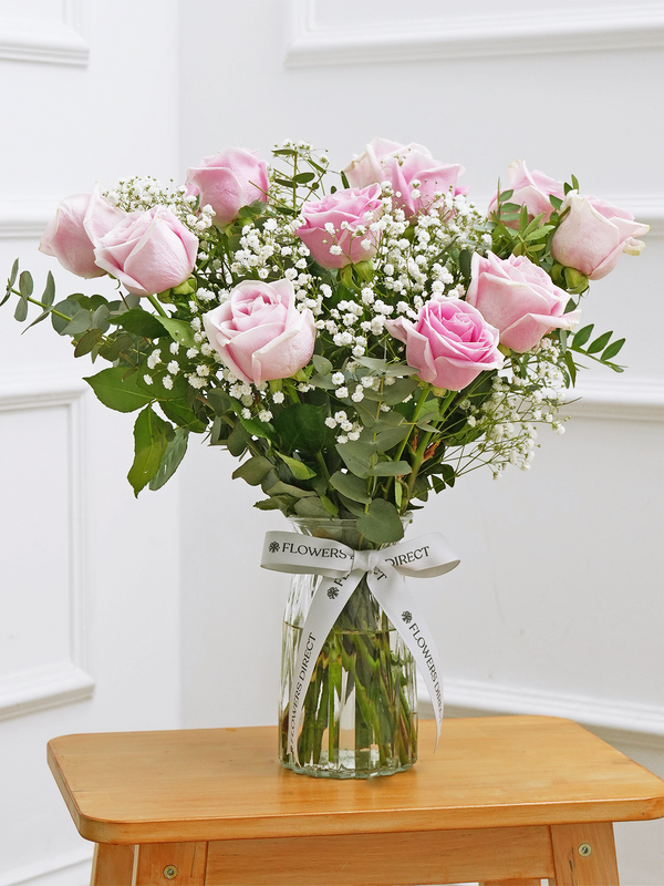 12 Long Stem Pink Roses - Vase - Delivery in IE - FlowersDirect.ie