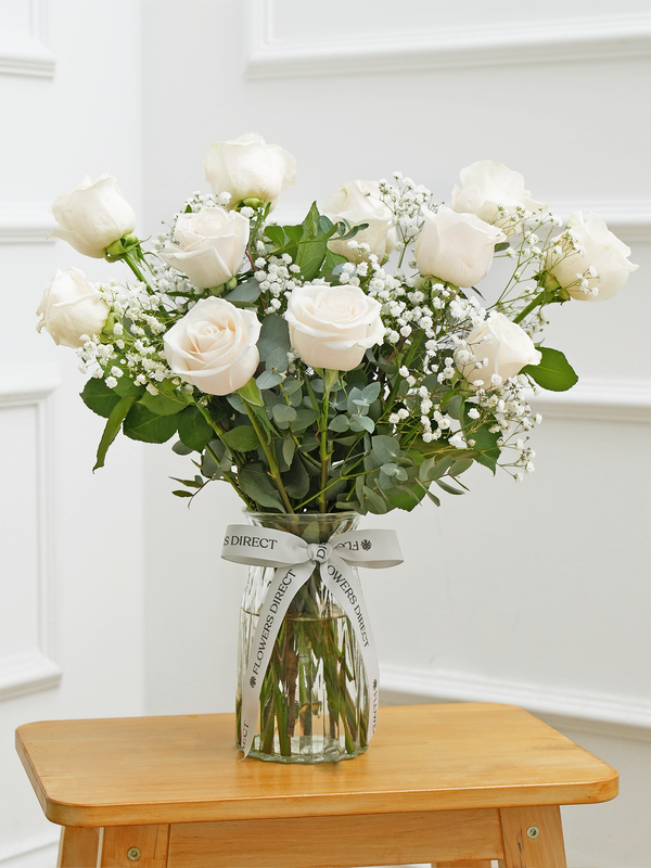 12 Long Stem White Roses - Vase - Delivery in IE - FlowersDirect.ie