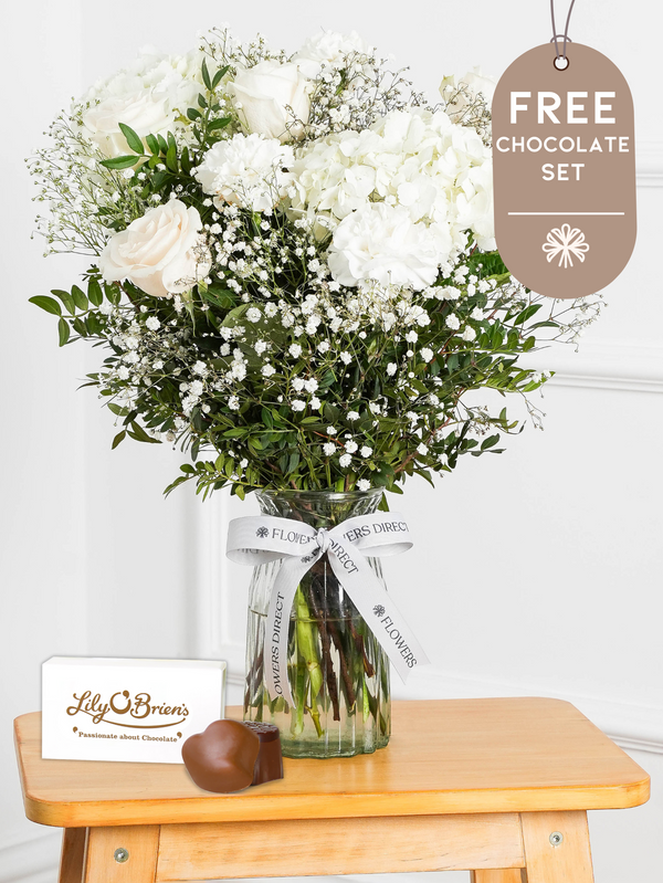 Mother's Day Pure Bliss - Vase with Free Chocolate Set - FlowersDirect.ie